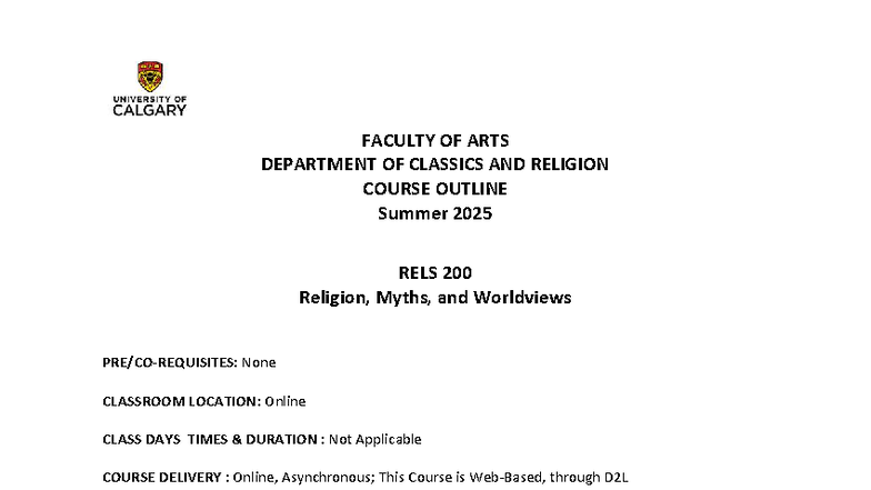 S25 RELS 200 Course Outline: Religion, Myths, and Worldviews - Studocu