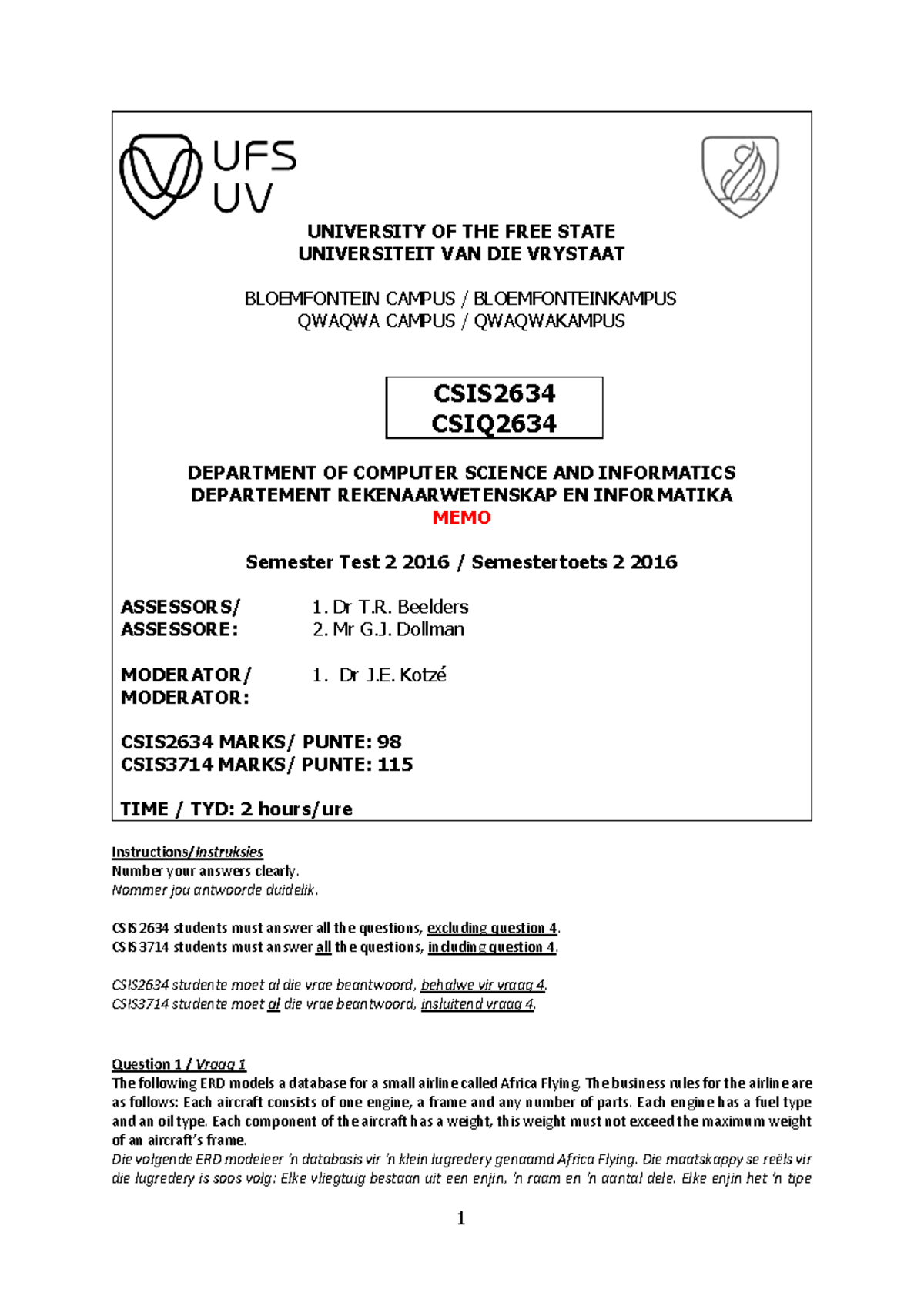 CSIS2634 Semester Test 2 2016 Memo - Database ERD Solutions - Studocu