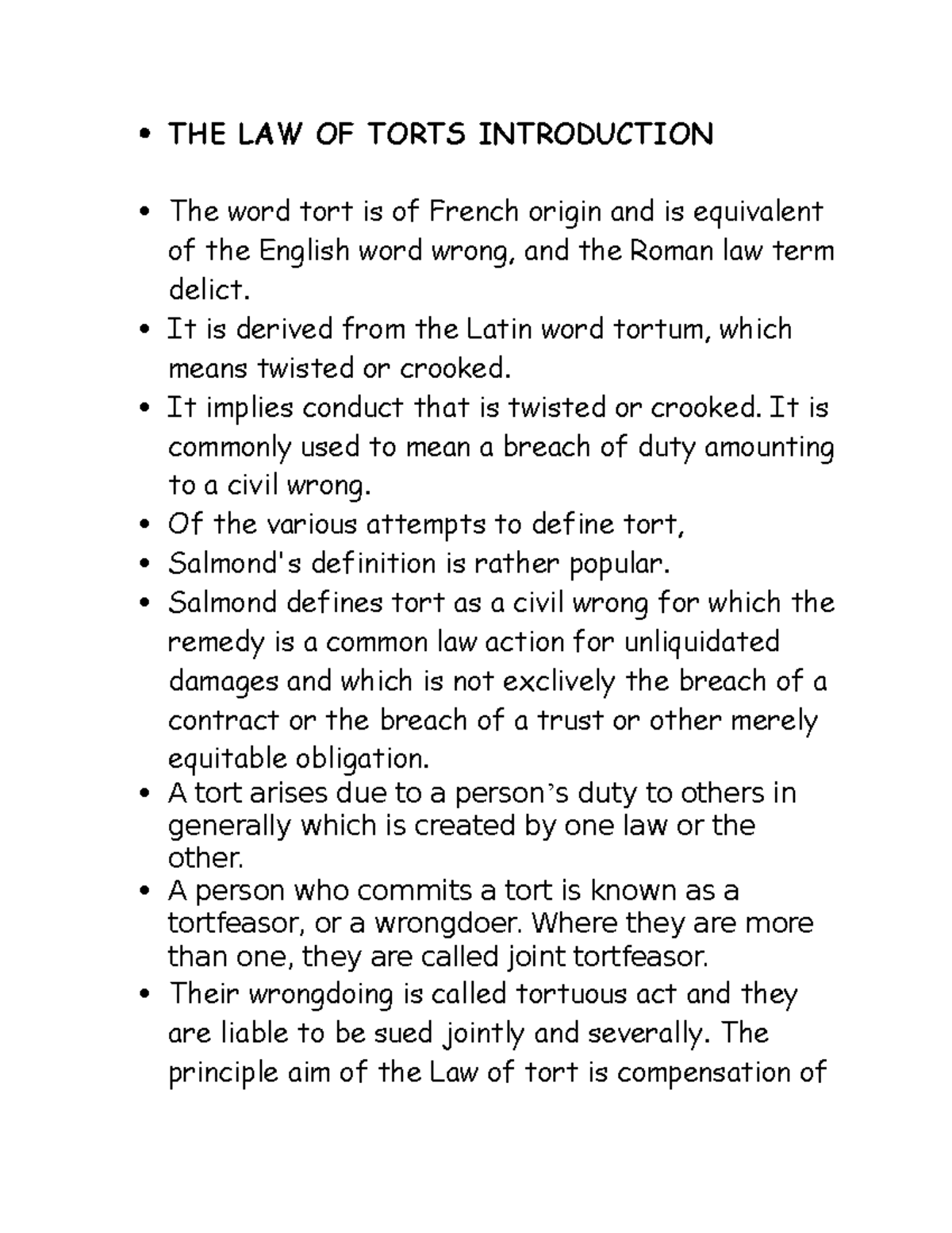 THE LAW OF TORTS: Comprehensive Notes and Key Concepts - Studocu