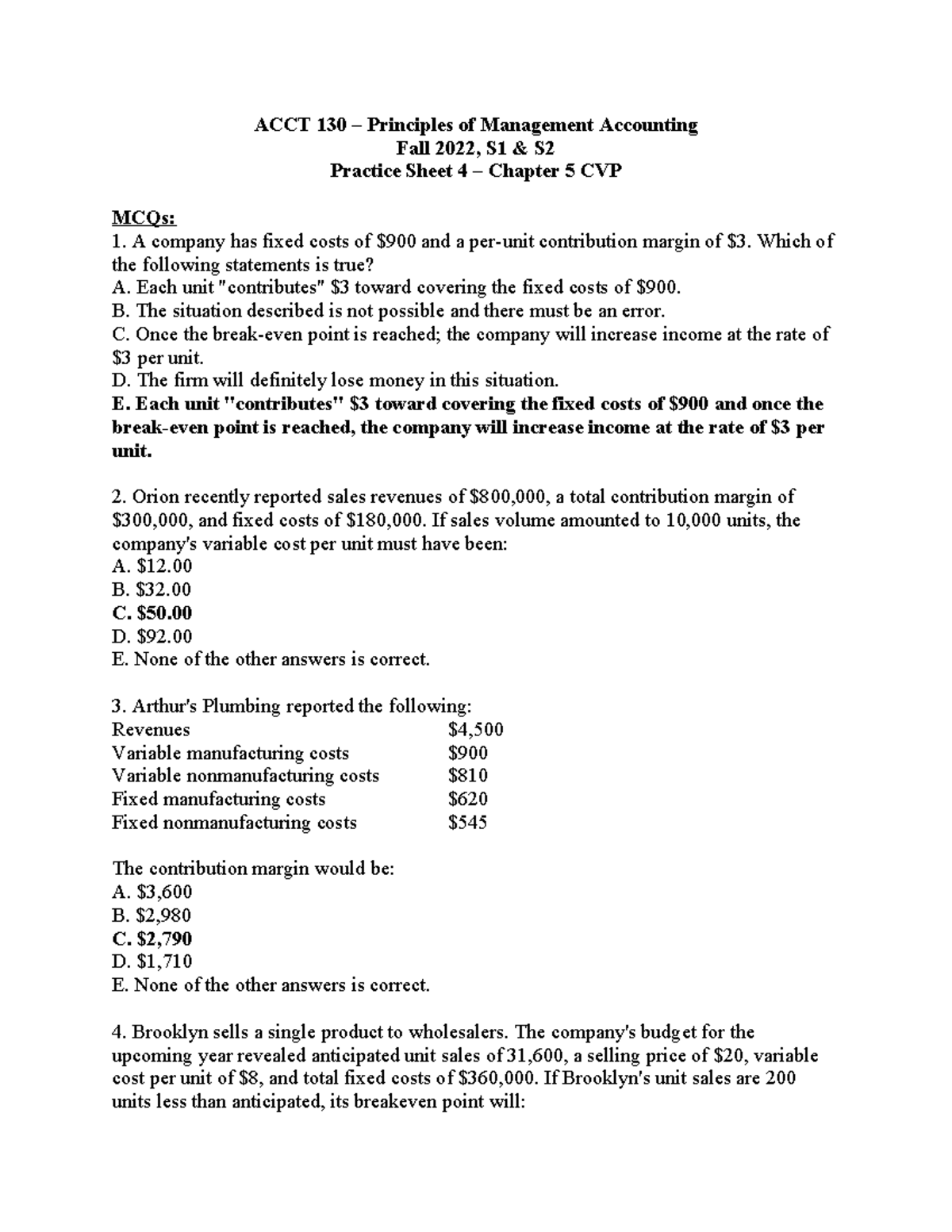 ACCT 130 Fall 2022 Practice Sheet 4 - Chapter 5 CVP MCQs Solutions - Studocu