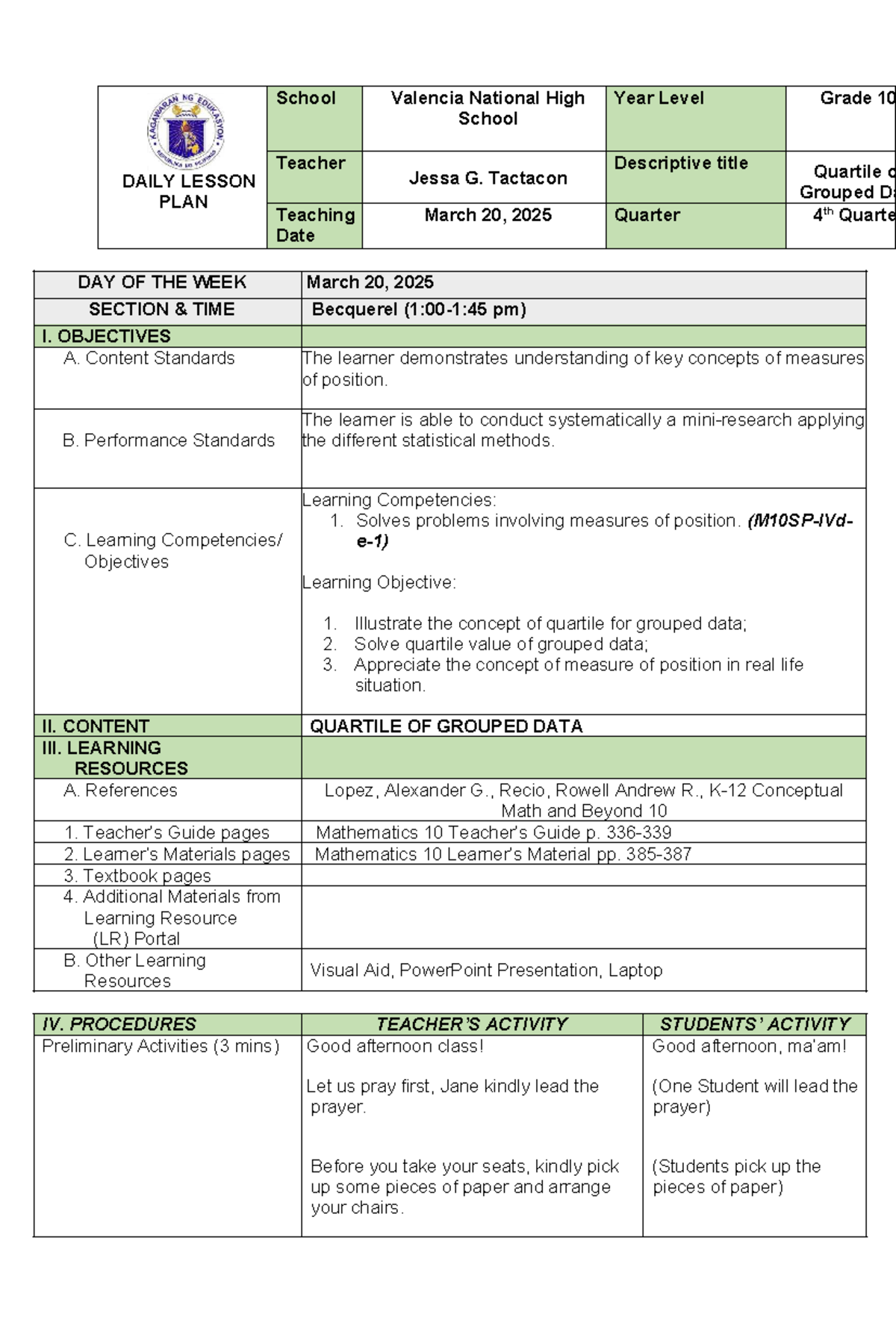 Final Lesson Plan for Grade 10 Mathematics: Quartiles of Grouped Data ...