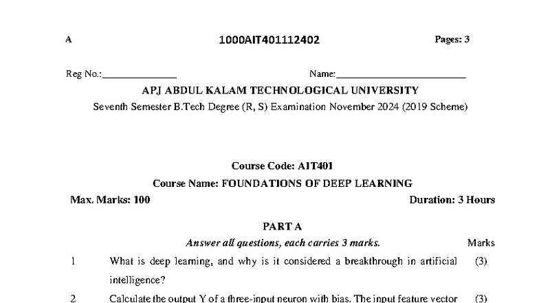 AIT401 - Foundations of Deep Learning: November 2024 Exam Questions ...