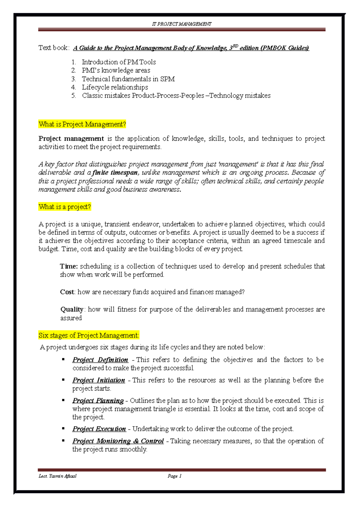 IT Project Management - Lecture Notes on PMBOK Concepts 1-3 - Studocu