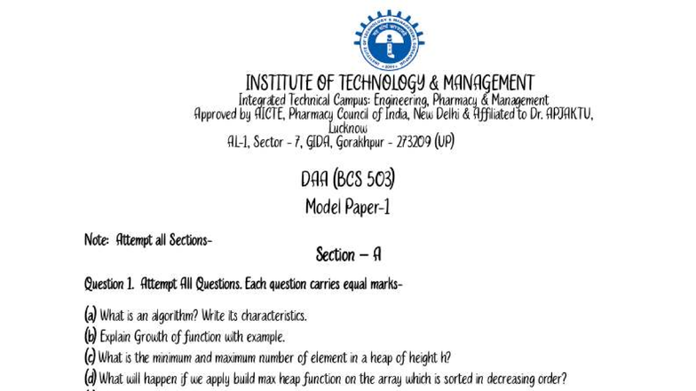 DAA (BCS 503) Model Paper: Algorithms and Data Structures Concepts ...