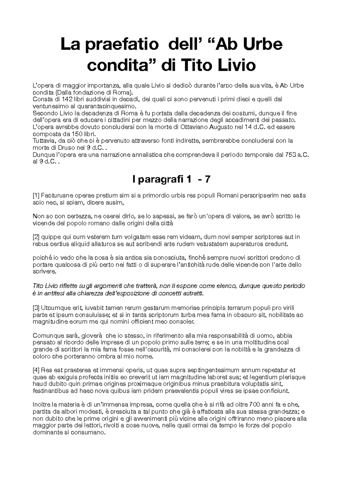 La praefatio di Livio: Analisi dei paragrafi 1-7 di Ab Urbe Condita ...