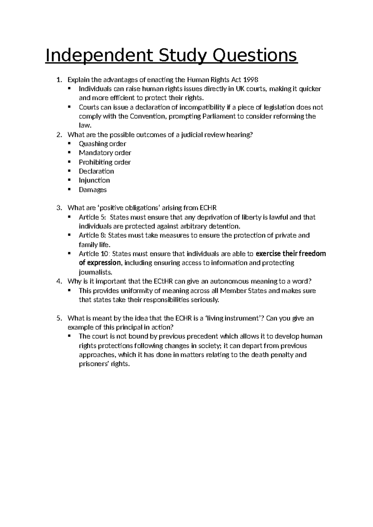 Enforcement of Human Rights - Independent Study Questions - Studocu