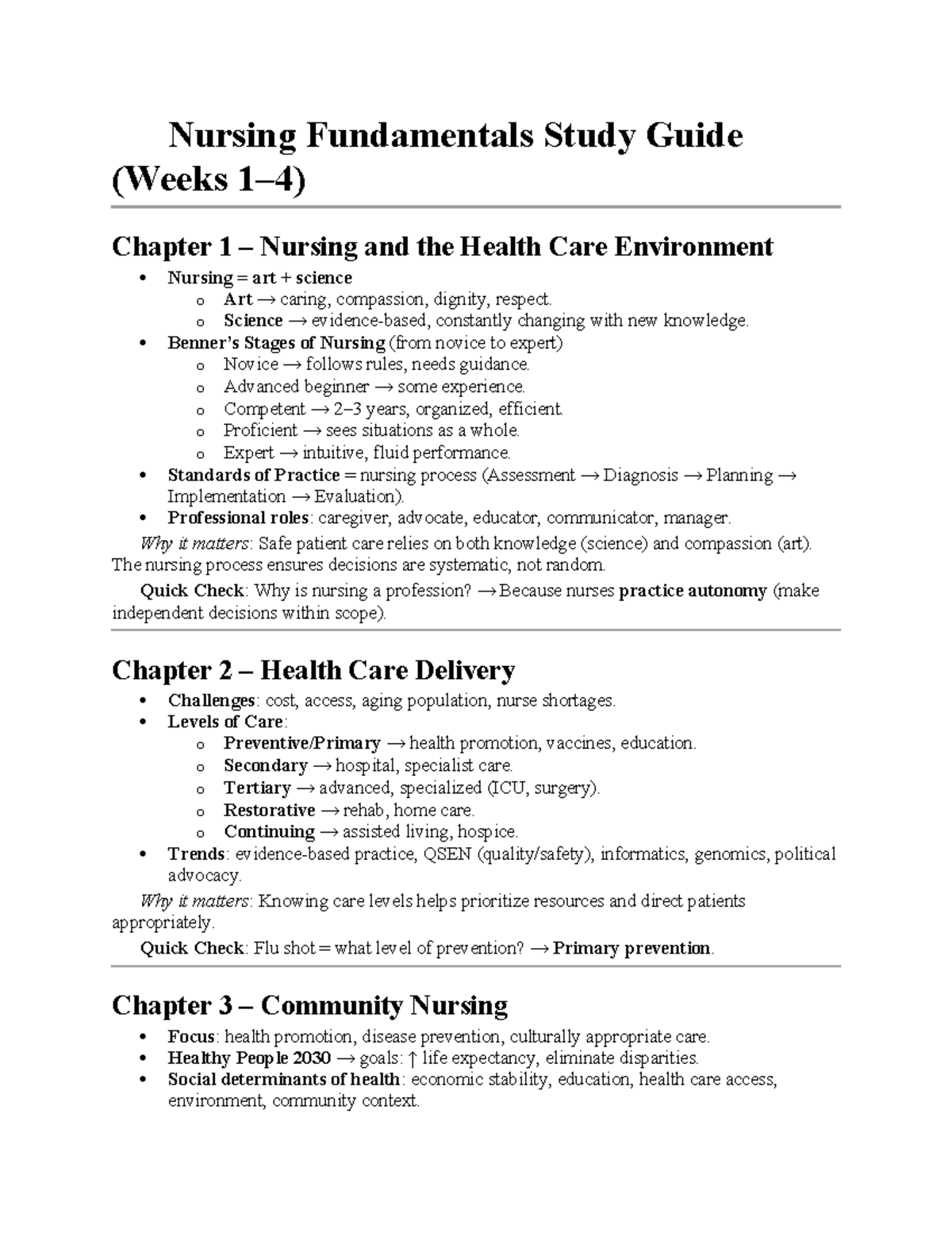 Nursing Fundamentals Quiz #1 Study Guide: Key Concepts & Care Levels ...