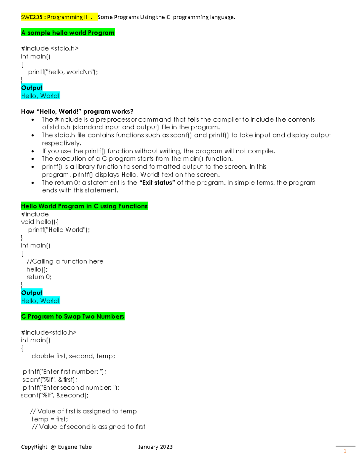 SWE235: Simple C Programs for Programming II - Studocu