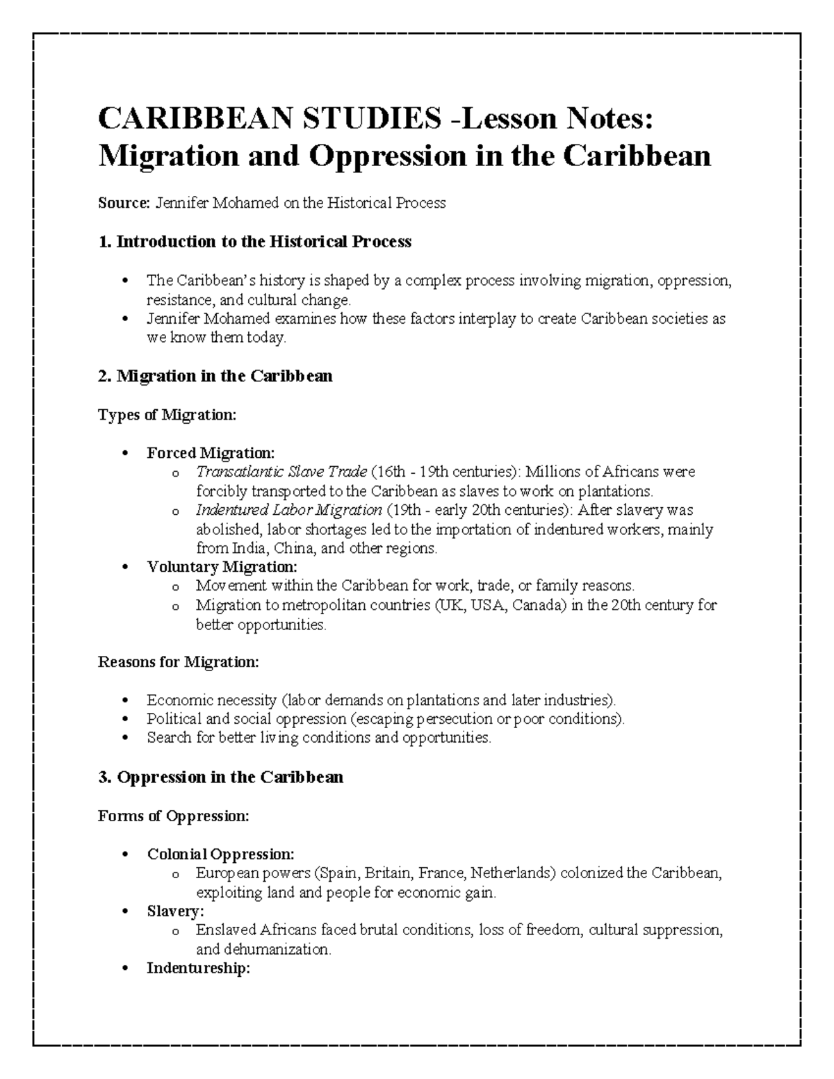 Caribbean Studies - Migration & Oppression: Historical Process Notes ...