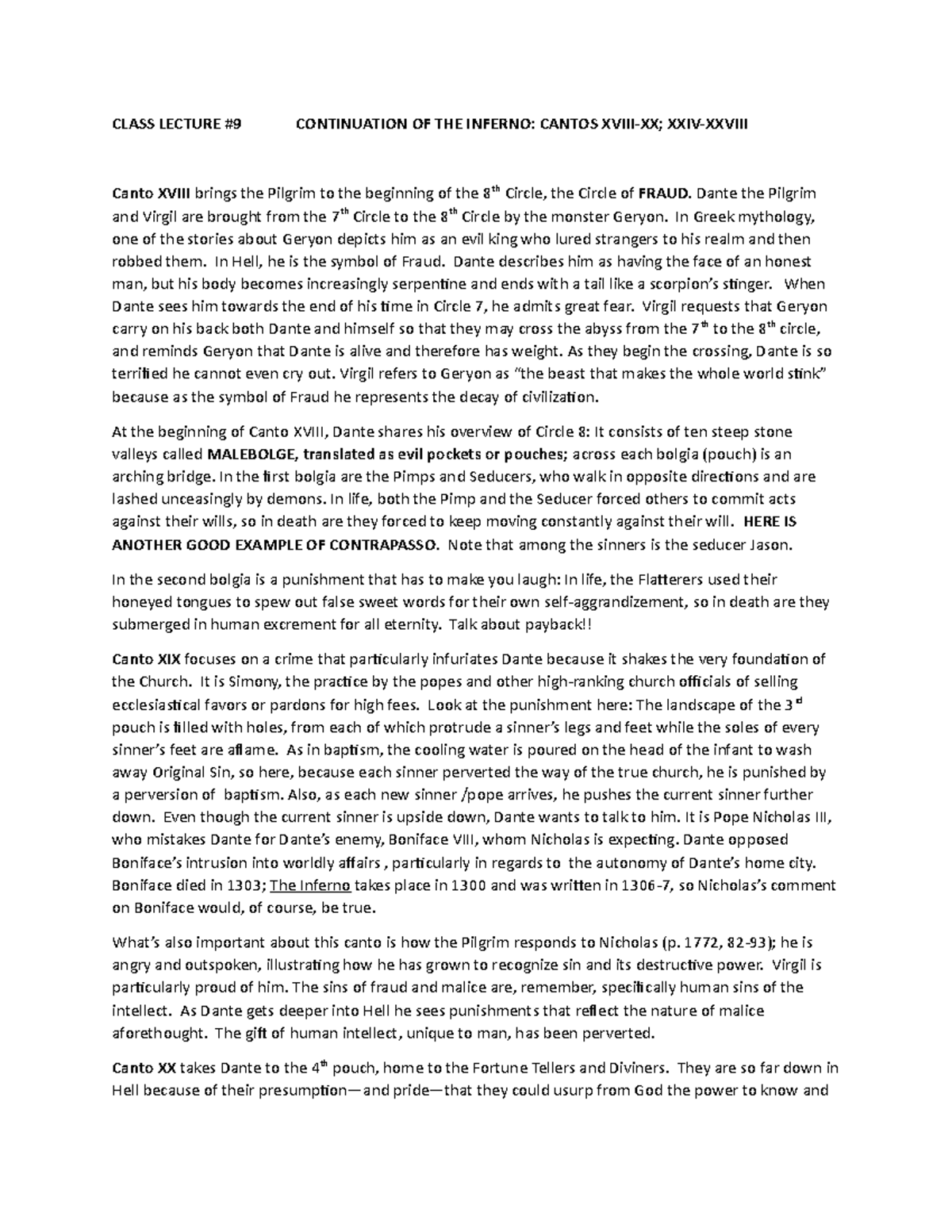 World Literature (ENG 201): Inferno Lecture Notes on Cantos XVIII-XXVI ...