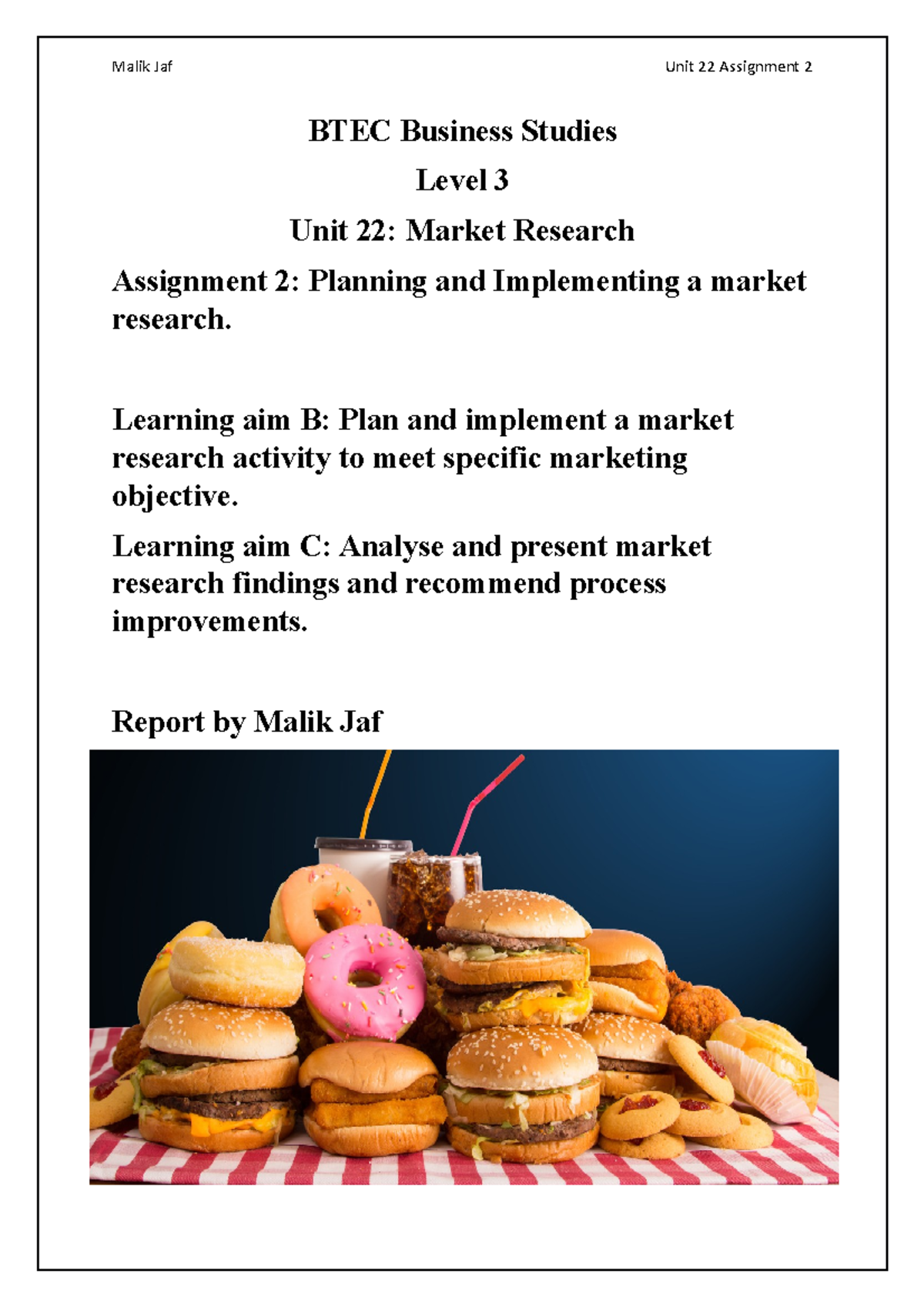 BTEC Business Studies Unit 22: Market Research Implementation Report ...