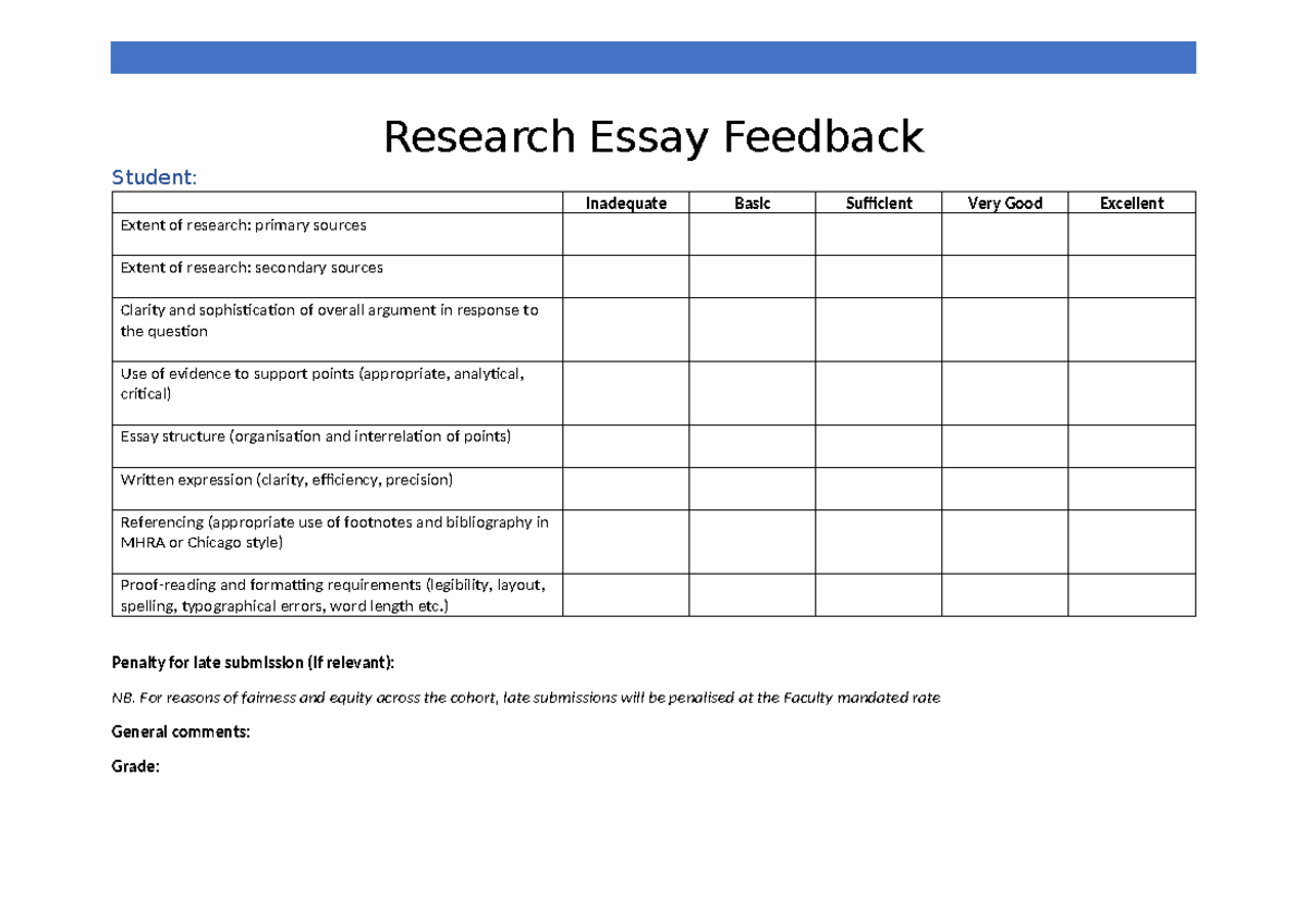 ATS2579 Essay Feedback Rubric: Research & Writing Assessment - Studocu