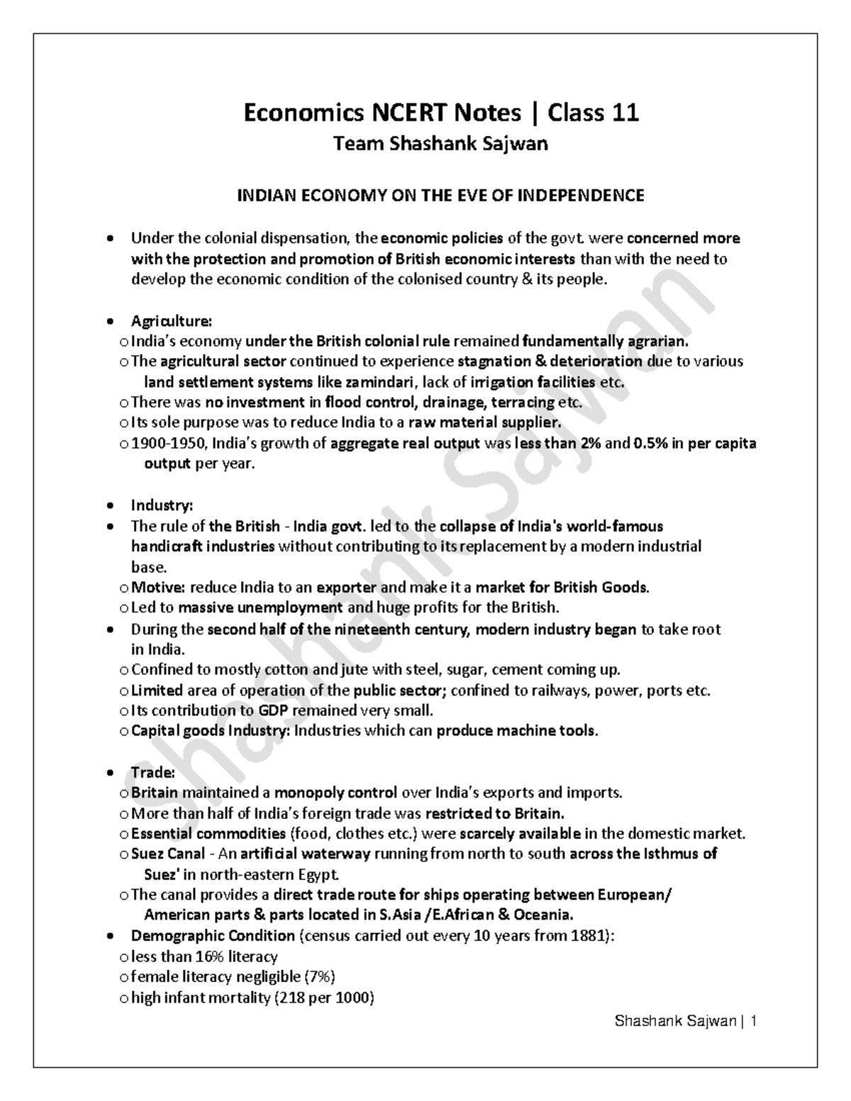 Eco 11 - NCERT Notes on Indian Economy: Independence to 1990 - Studocu