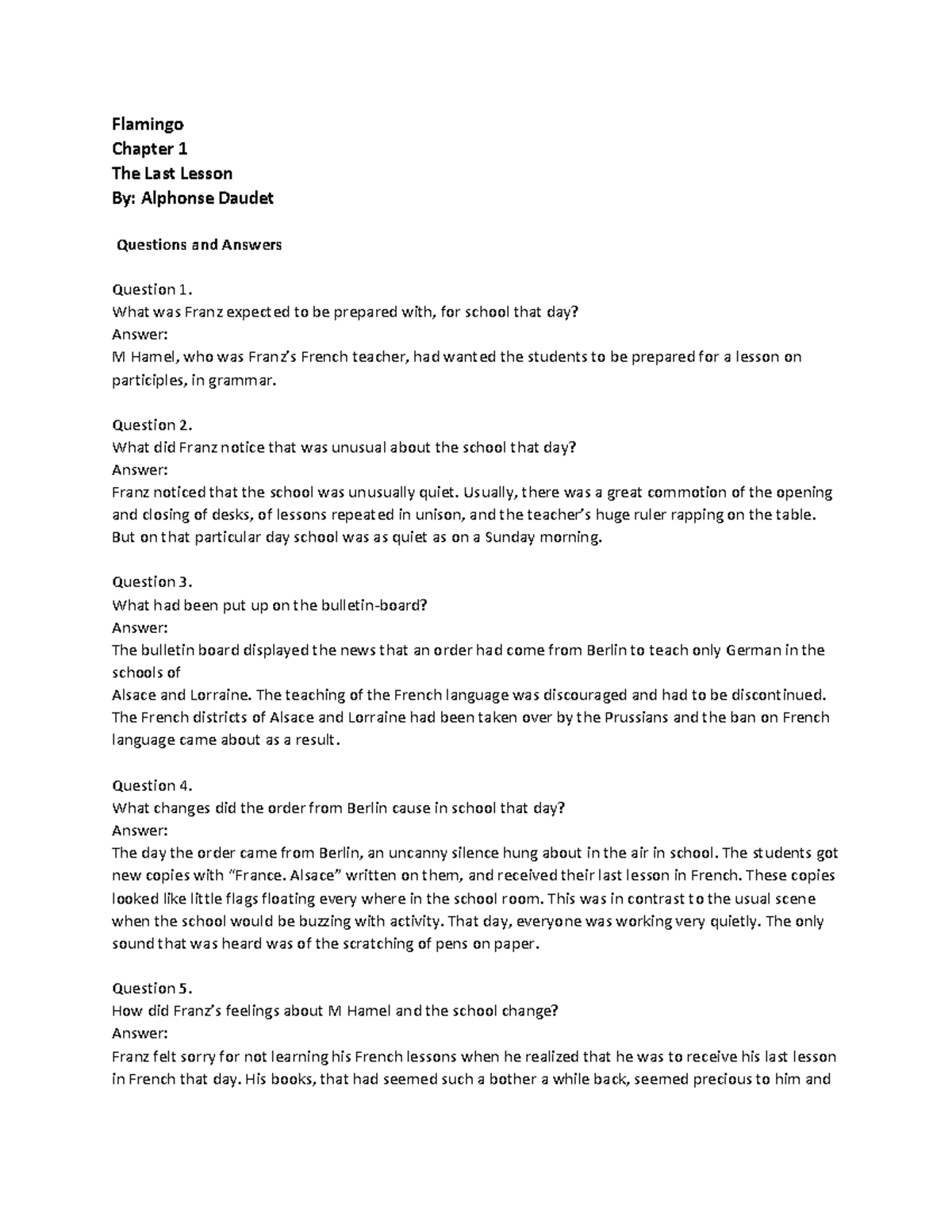 ENGLISH CLASS 12: The Last Lesson - Chapter 1 Q&A Analysis - Studocu