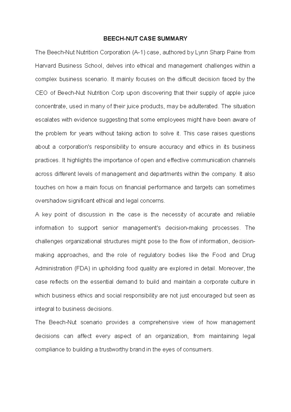 Beech-Nut Case Summary: Ethical Issues & Management Decisions (40291686 ...