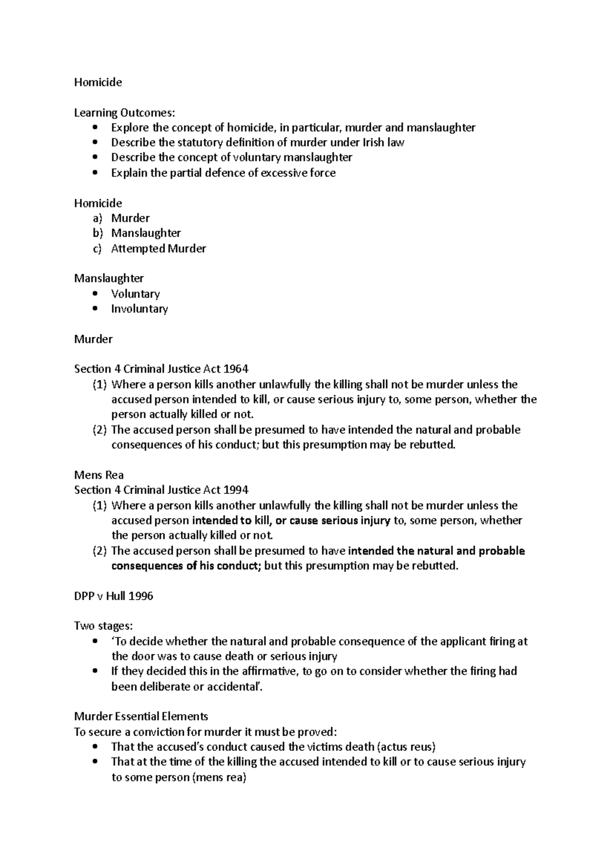 Homicide Law Concepts - Week 5 Study Notes (Criminal Law - CL101) - Studocu