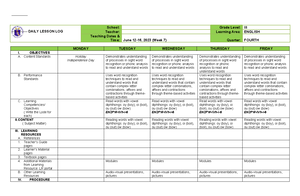 WEEK 5 - DLL - DAILY LESSON LOG School: Grade Level: III Teacher ...