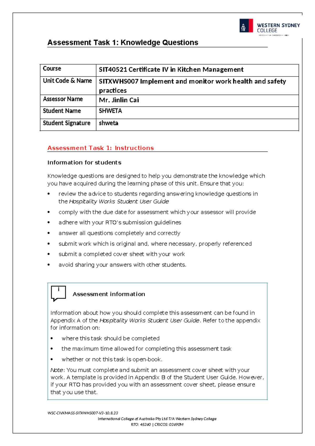 Assessment Task 1: Knowledge Questions for SITXWHS007 (Certificate IV ...