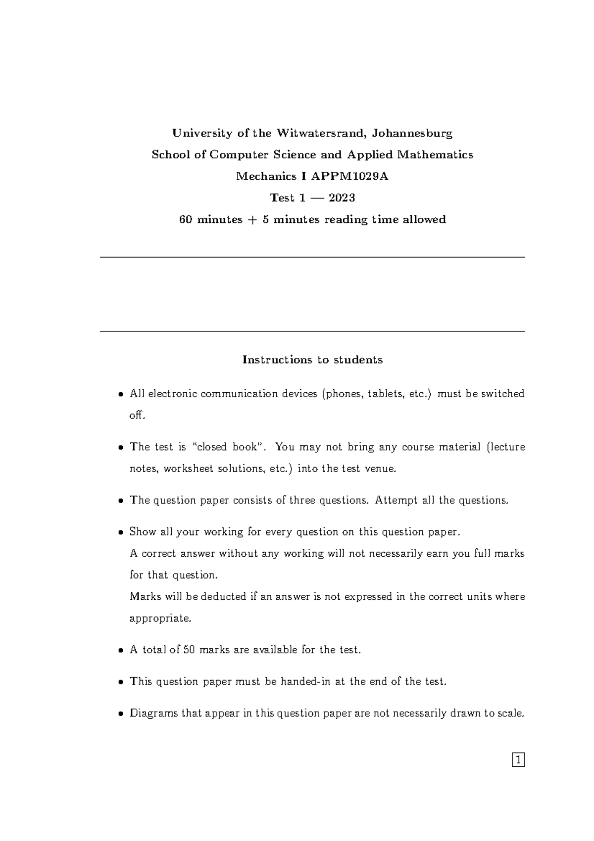 APPM1029A Mechanics I Test 1 Sample Paper 2023 - Studocu
