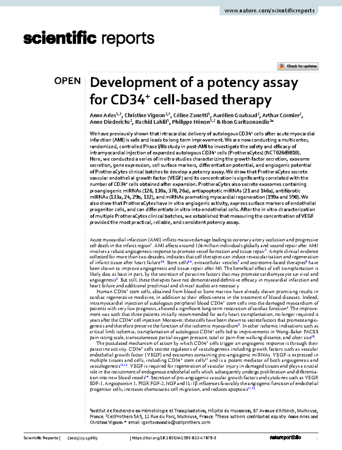 Development of a Potency Assay for CD34+ Cell-Based Therapy in AMI ...