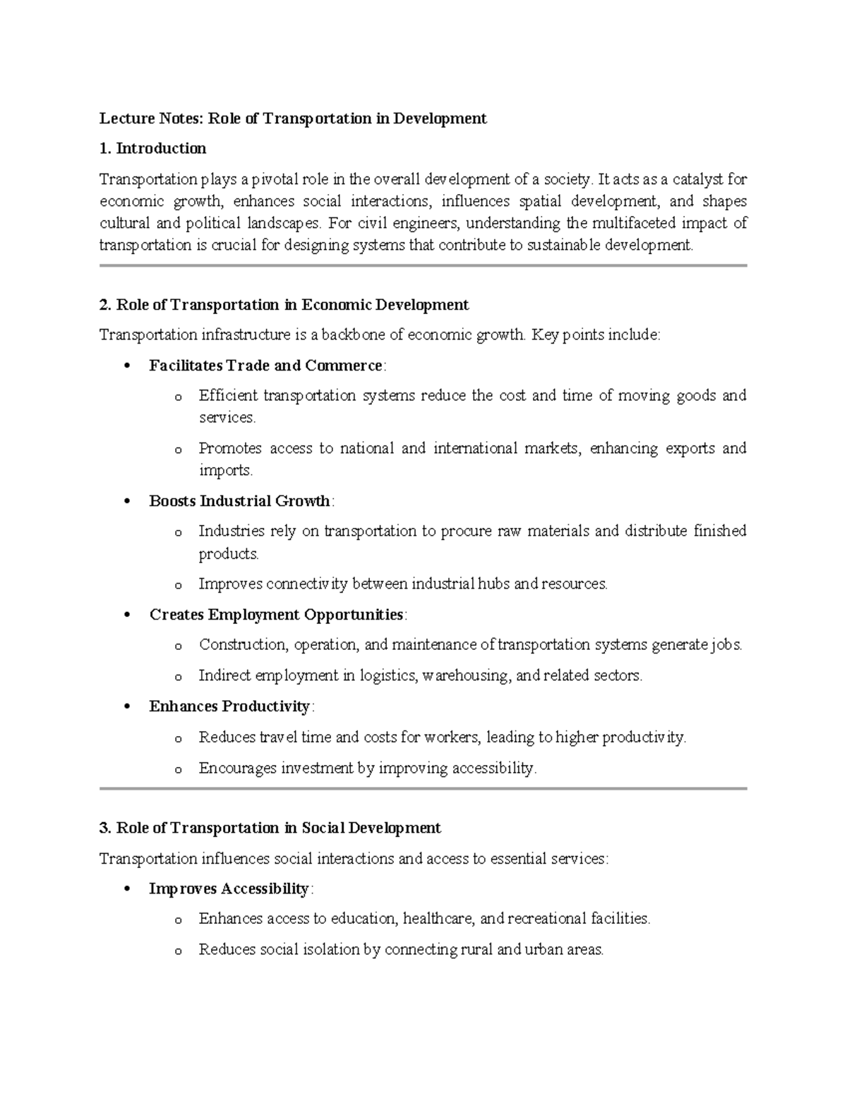 Lecture Notes: Role of Transportation in Development (CIV 101) - Studocu
