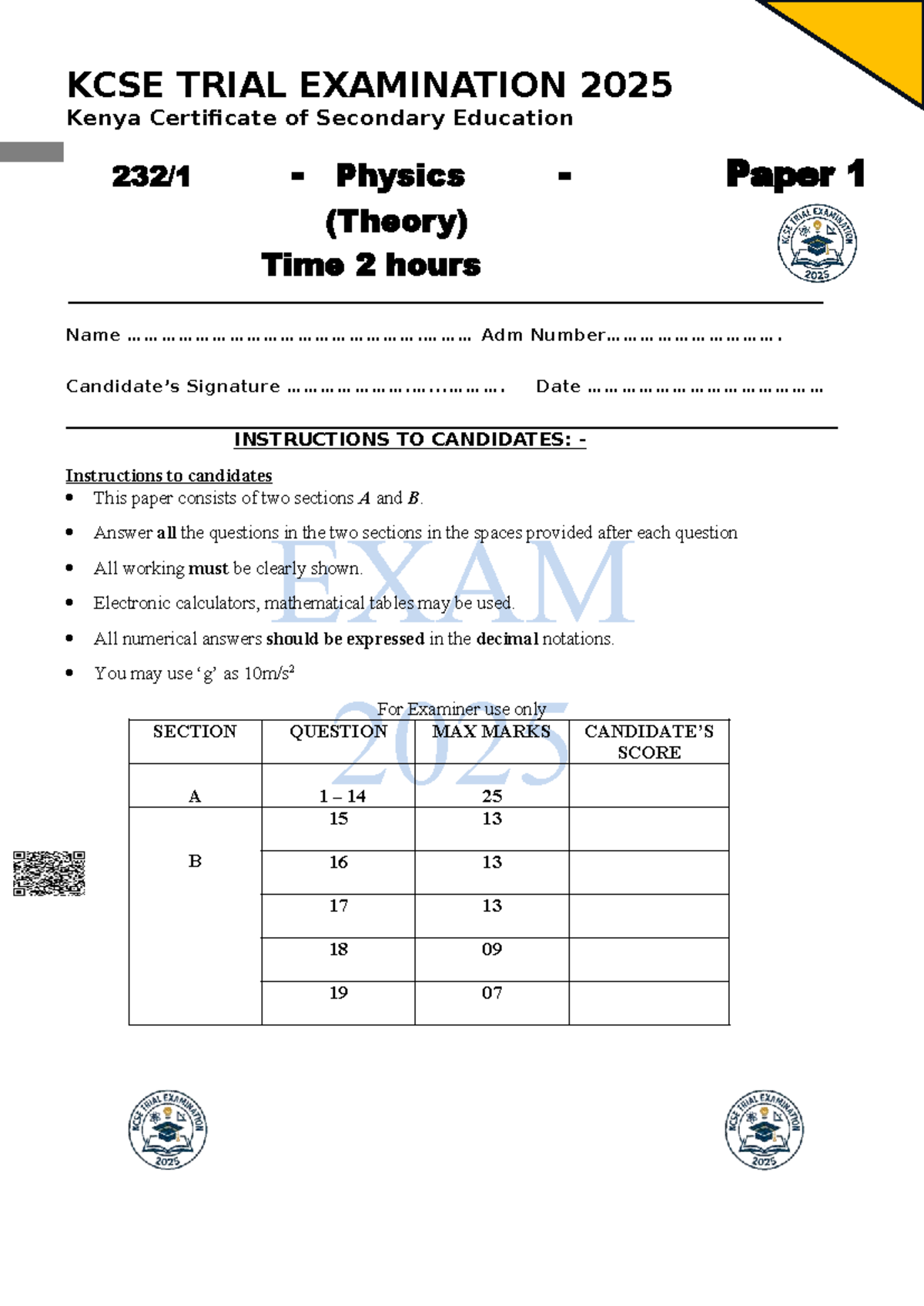 KCSE TRIAL EXAM 2025 Physics Paper 1 (Theory) Questions and ...