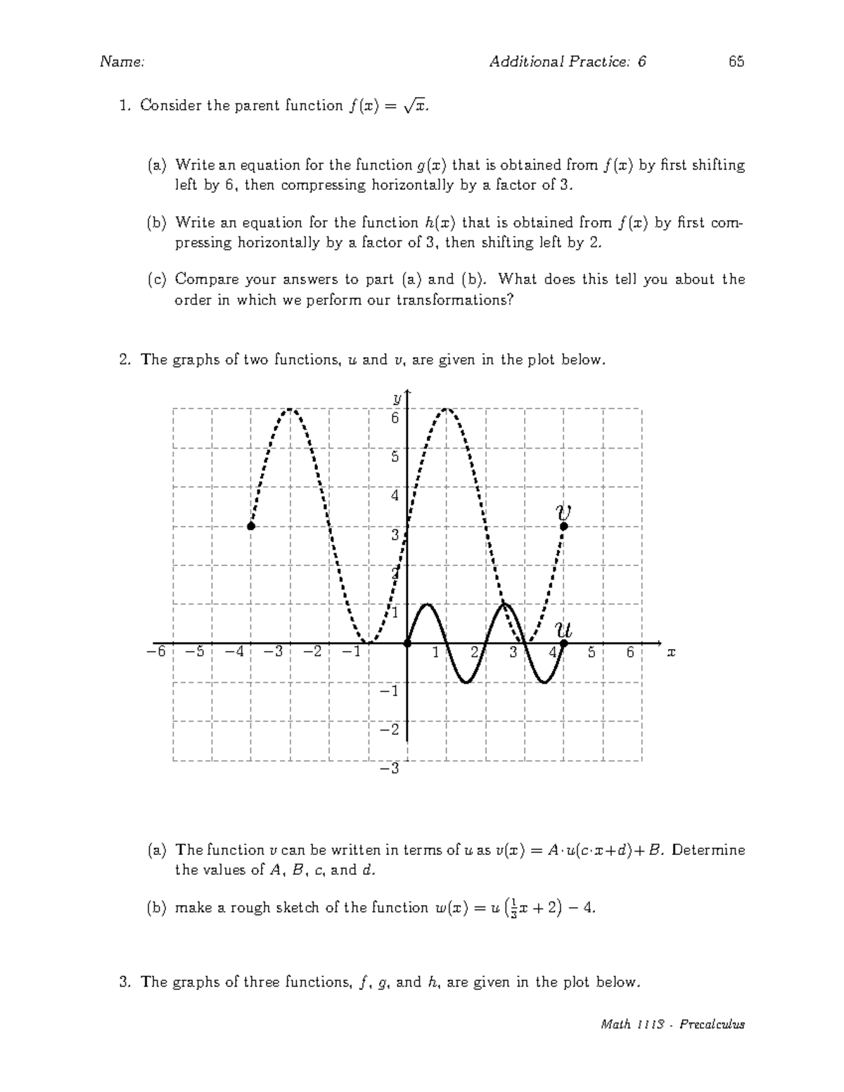 Math 1113 - Precalculus Additional Practice: Transformations and ...