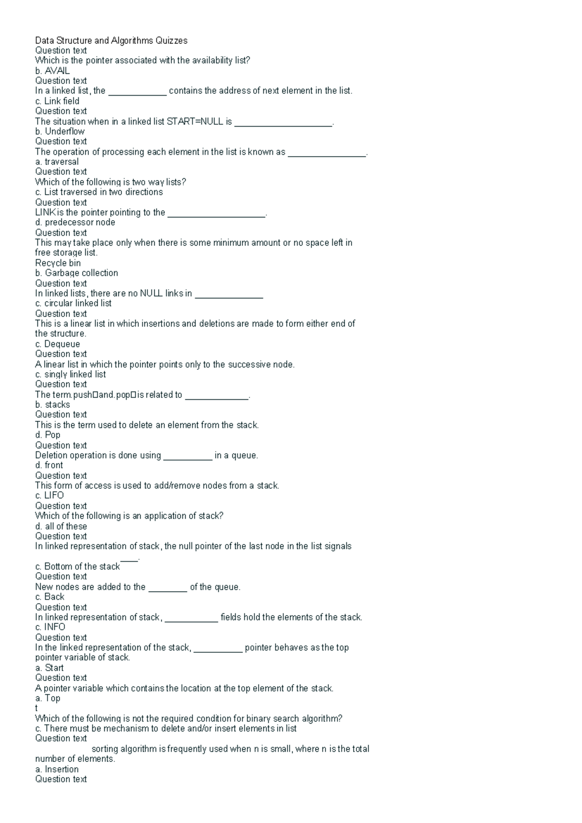 Data Structures and Algorithms Midterm Quiz 2 - Studocu