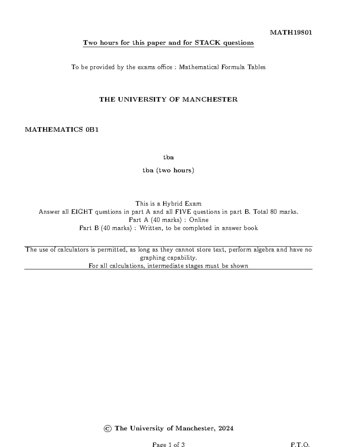 MATH19801 2024 Hybrid Exam Past Paper: Mathematical Formula Tables ...