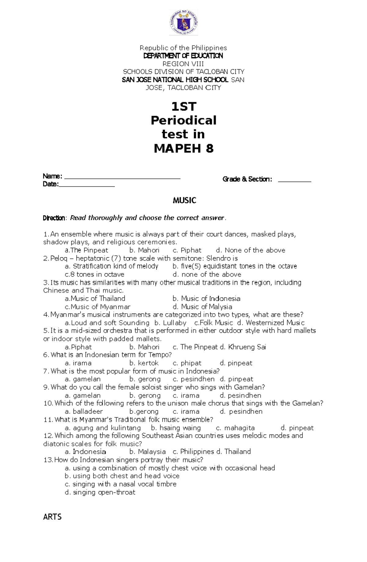 Grade 8 MAPEH 1st Quarter Periodical Exam Review Notes - Studocu