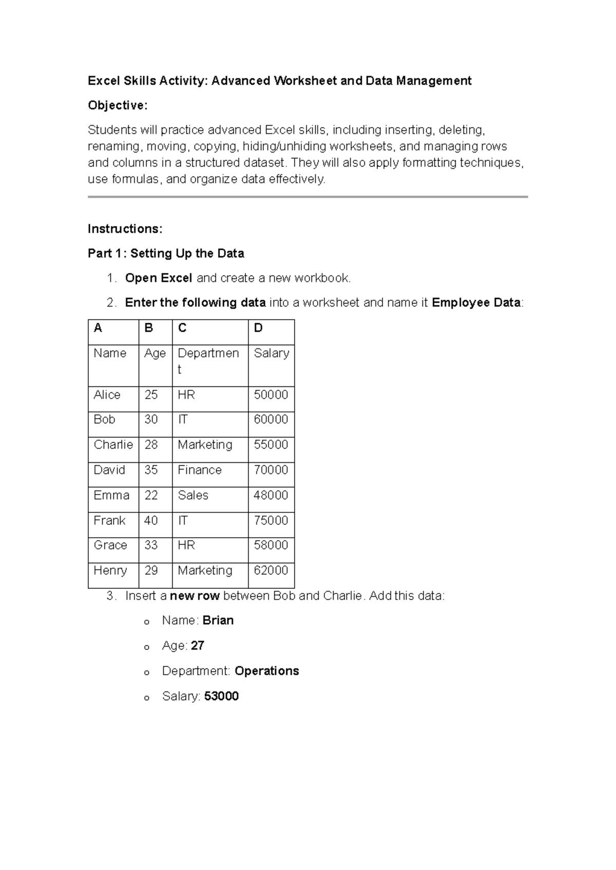Excel Skills Activity for Lesson 2 - Excel Skills Activity: Advanced ...