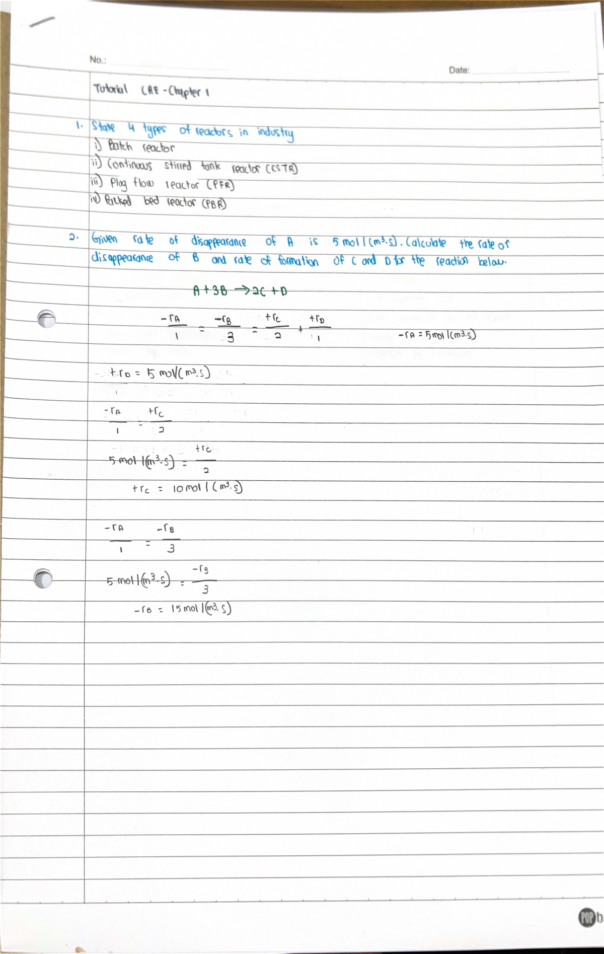 Tutorial 1 - Types of Reactors and Rate Calculations in CRE 1 - Studocu
