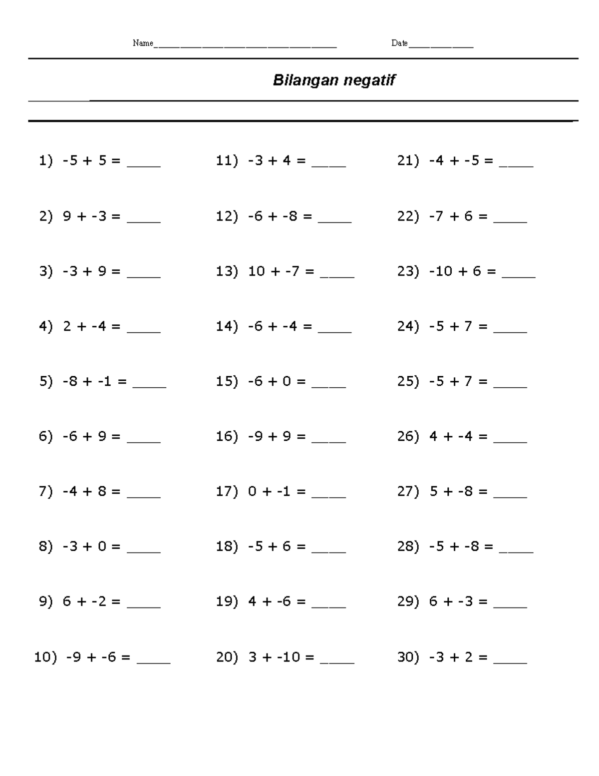 Math 101: Negative Numbers Practice Worksheet - Studocu