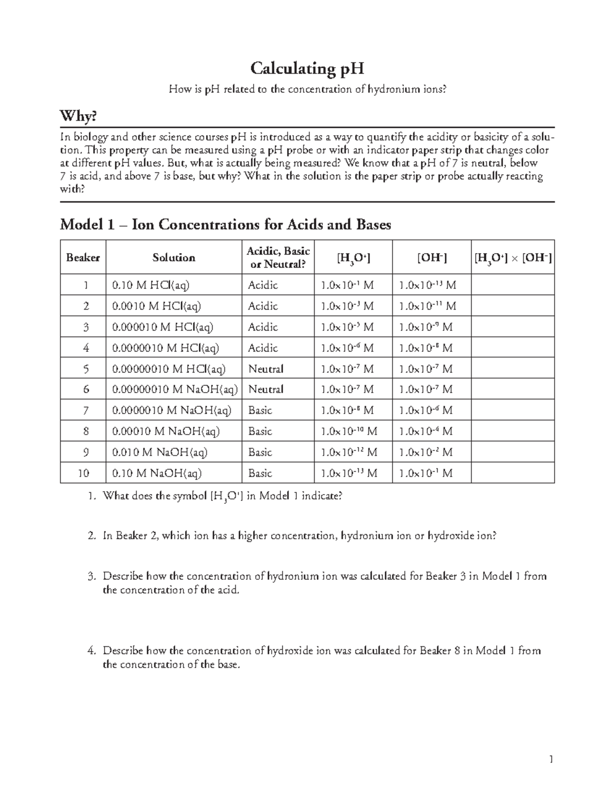 Worksheet - Calculating pH and Ion Concentrations in Solutions - Studocu