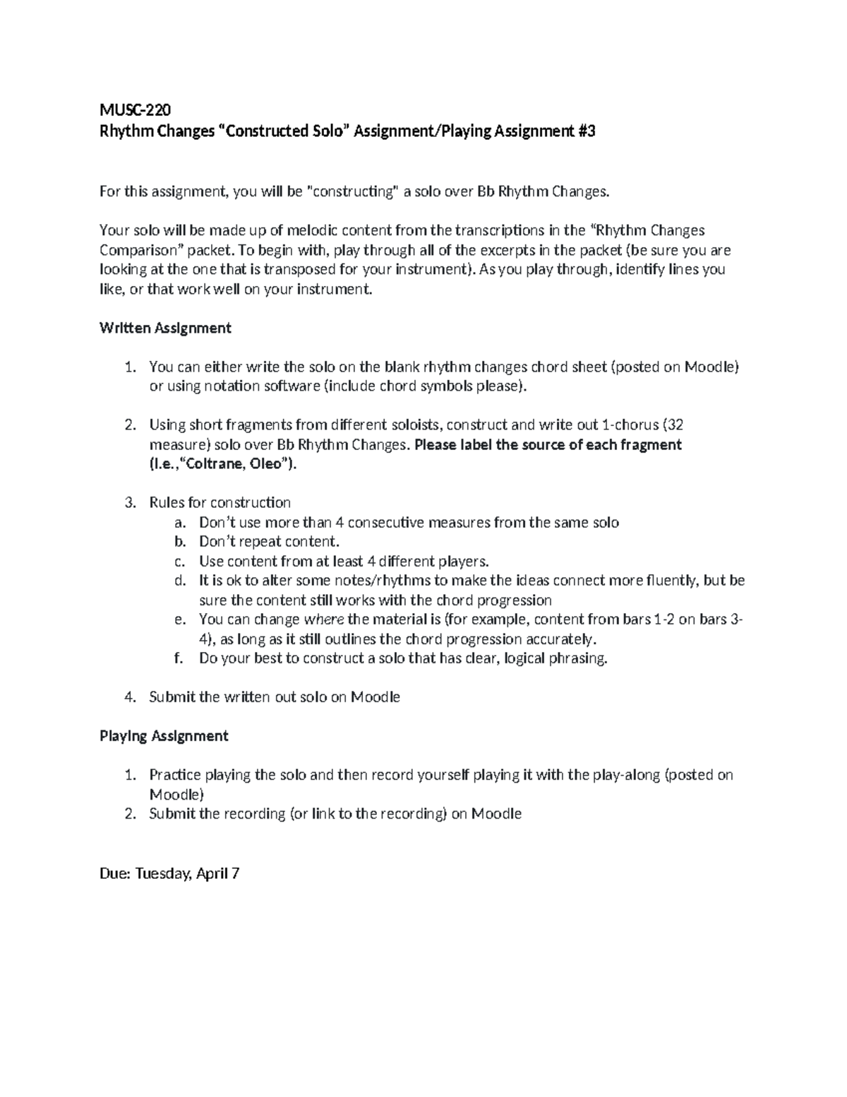 Rhythm Changes Constructed Solo Assignment (Due April 7) - Studocu