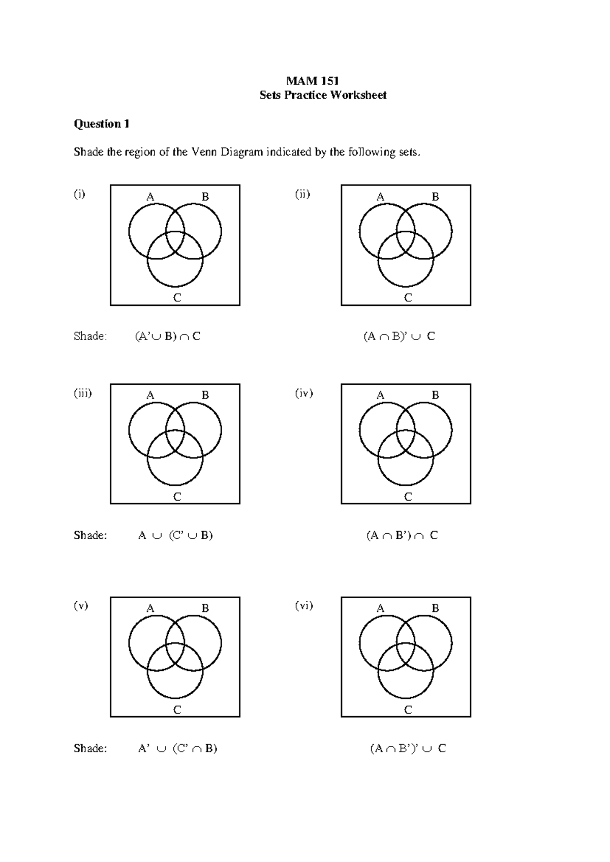 MAM151 WS1 Sets Practice Worksheet and Venn Diagram Questions - Studocu