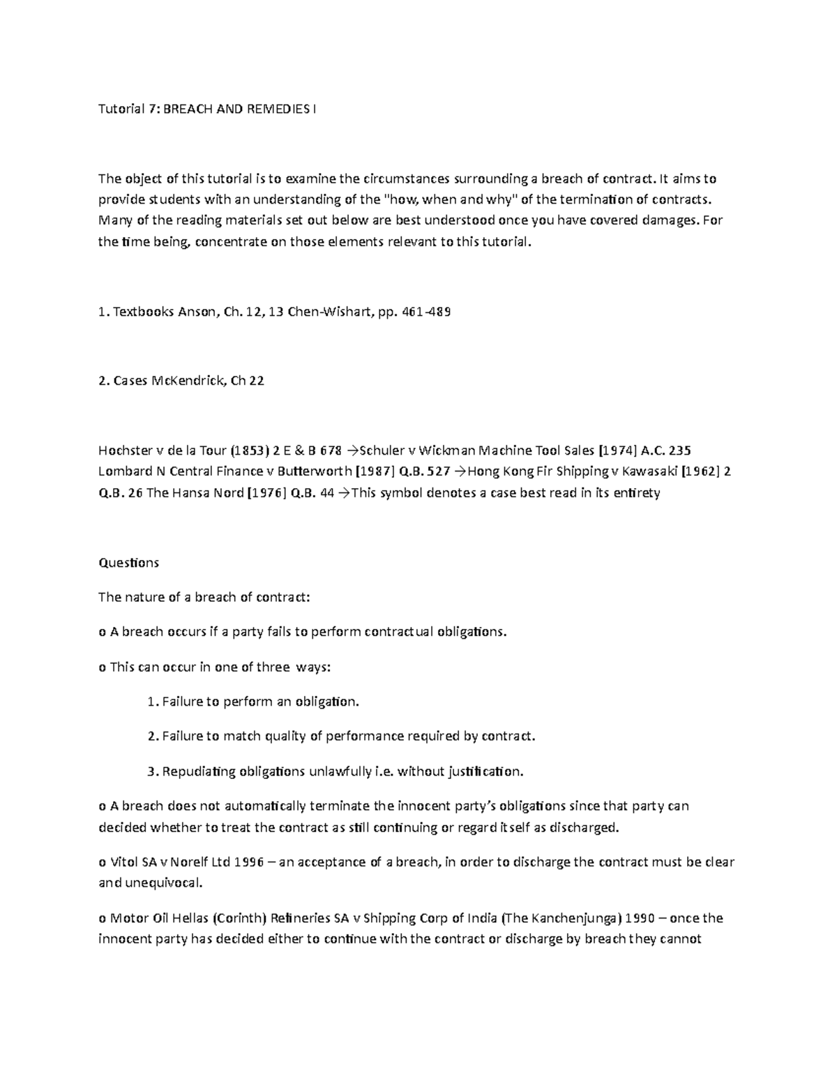 Contract Law Tutorial 7 Notes: Breach & Remedies II (Legal Concepts ...