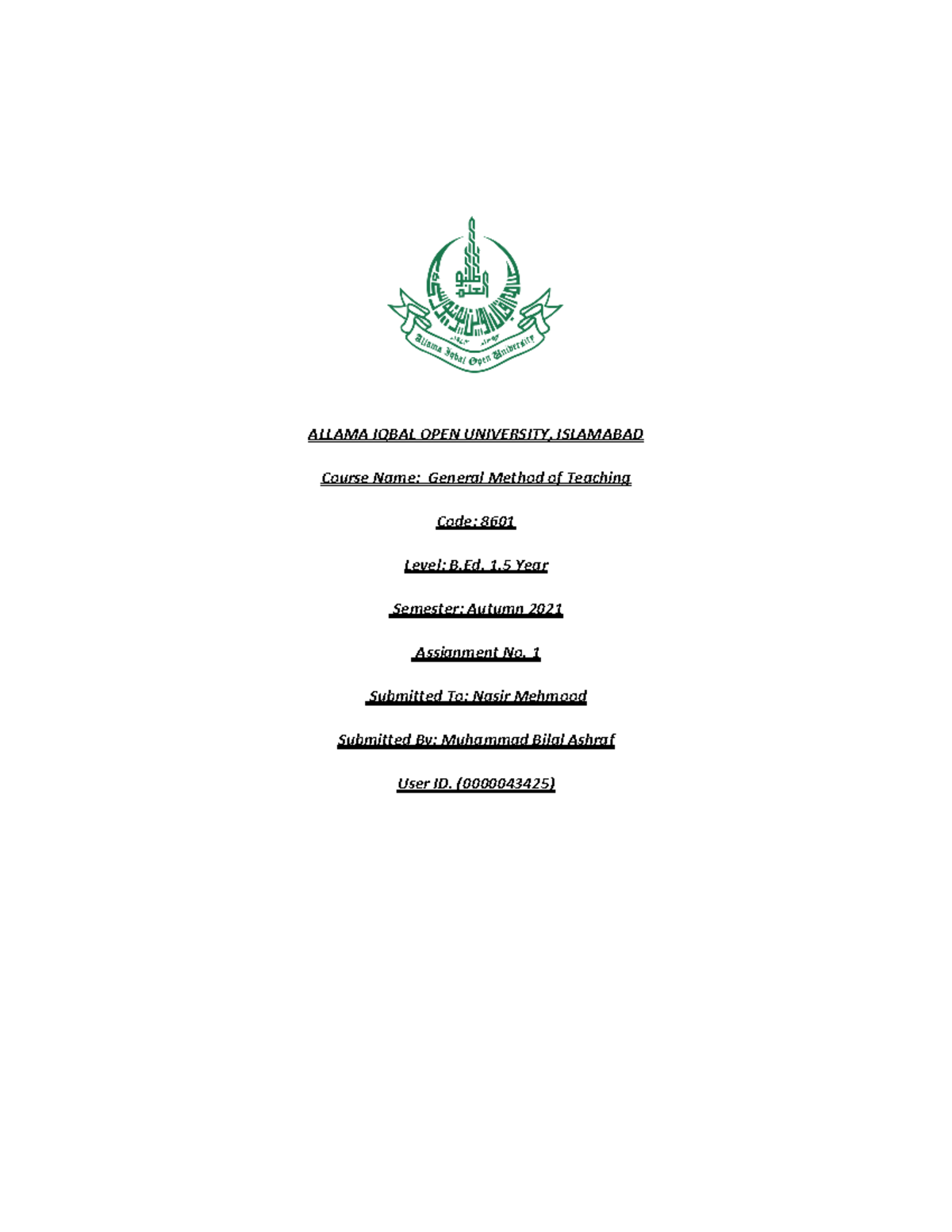 Assignment No 1 (8601) - solved - ALLAMA IQBAL OPEN UNIVERSITY, ISLAMABAD Course Name: General ...
