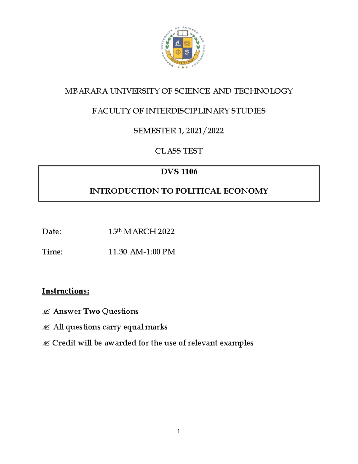DVS 1106 Class Test - Introduction to Political Economy (March 2022 ...