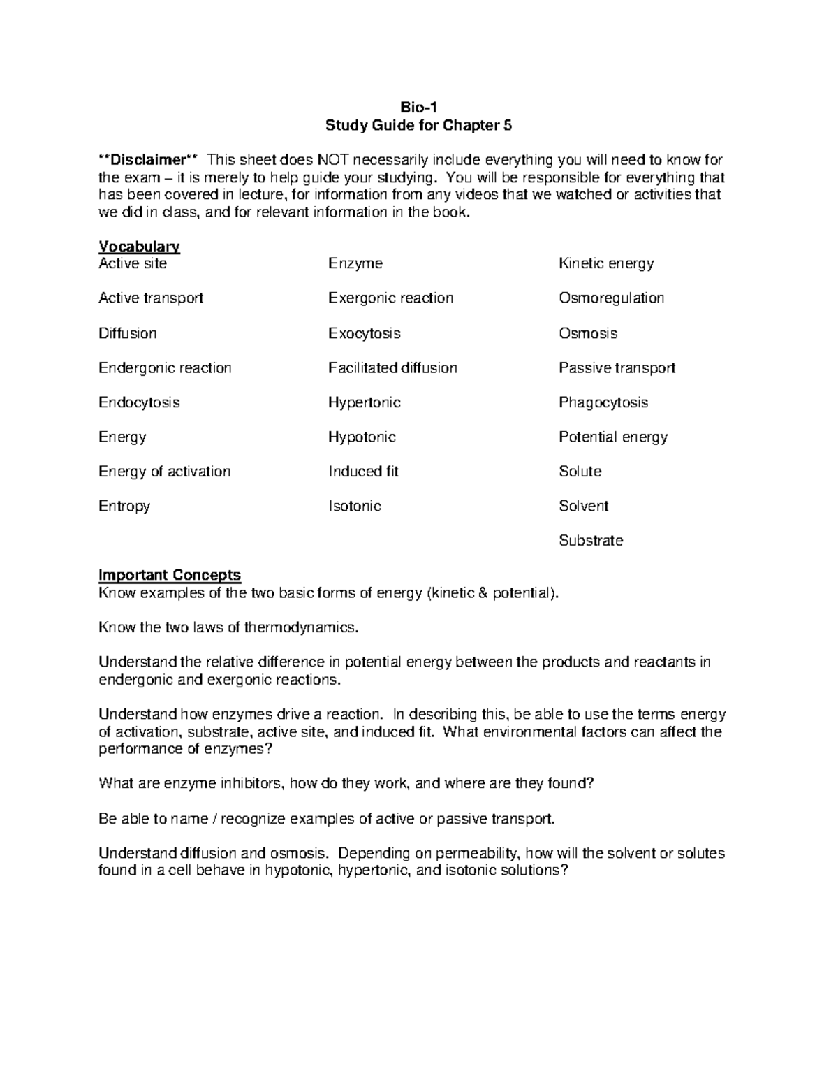 Bio-1 Study Guide: Chapter 5 - Energy, Enzymes & Transport Concepts ...