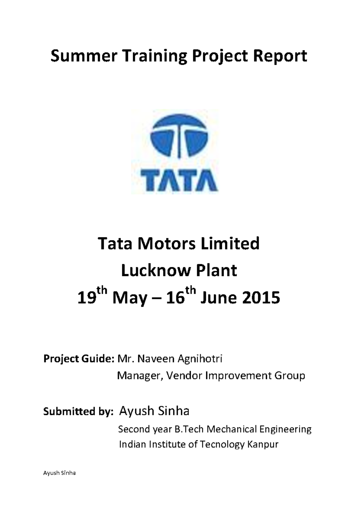 Tata Motors Limited Summer Training Project Report (B.Tech ME) - Studocu