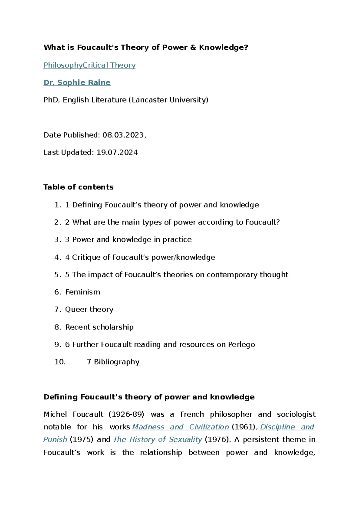 Foucault's Theory of Power and Knowledge: Lecture Notes (PHIL 101 ...
