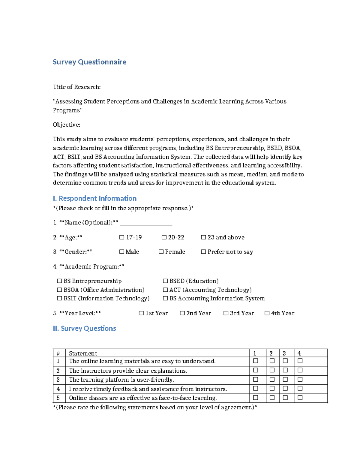 Survey Sample - activity - Survey Questionnaire Title of Research ...