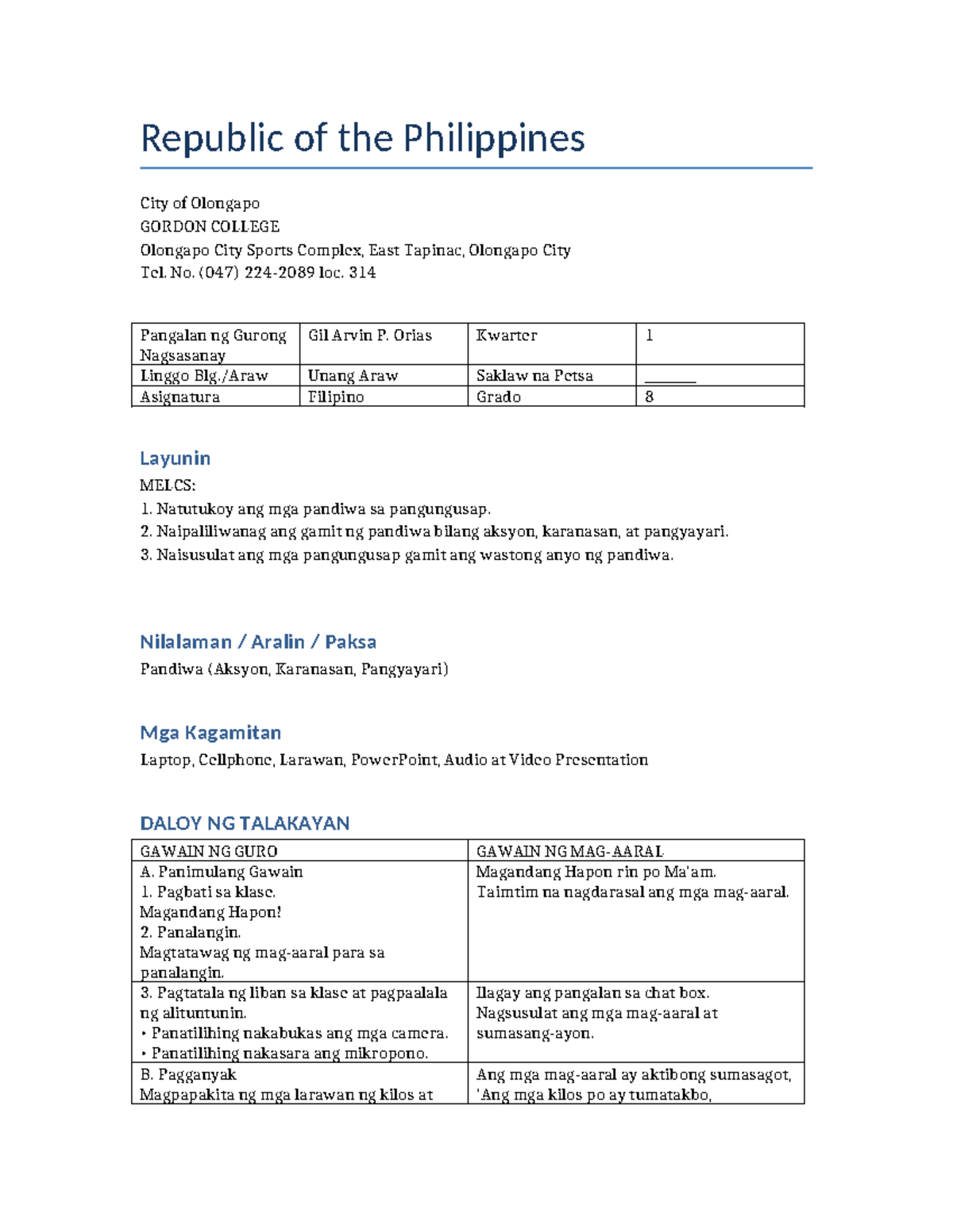Detailed Lesson Plan on Pandiwa for Filipino Grade 8 (Q1) - Studocu