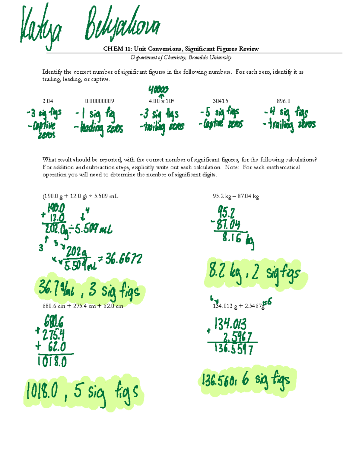 CHEM 11: Unit Conversions & Sig Figs Practice Problems - Studocu