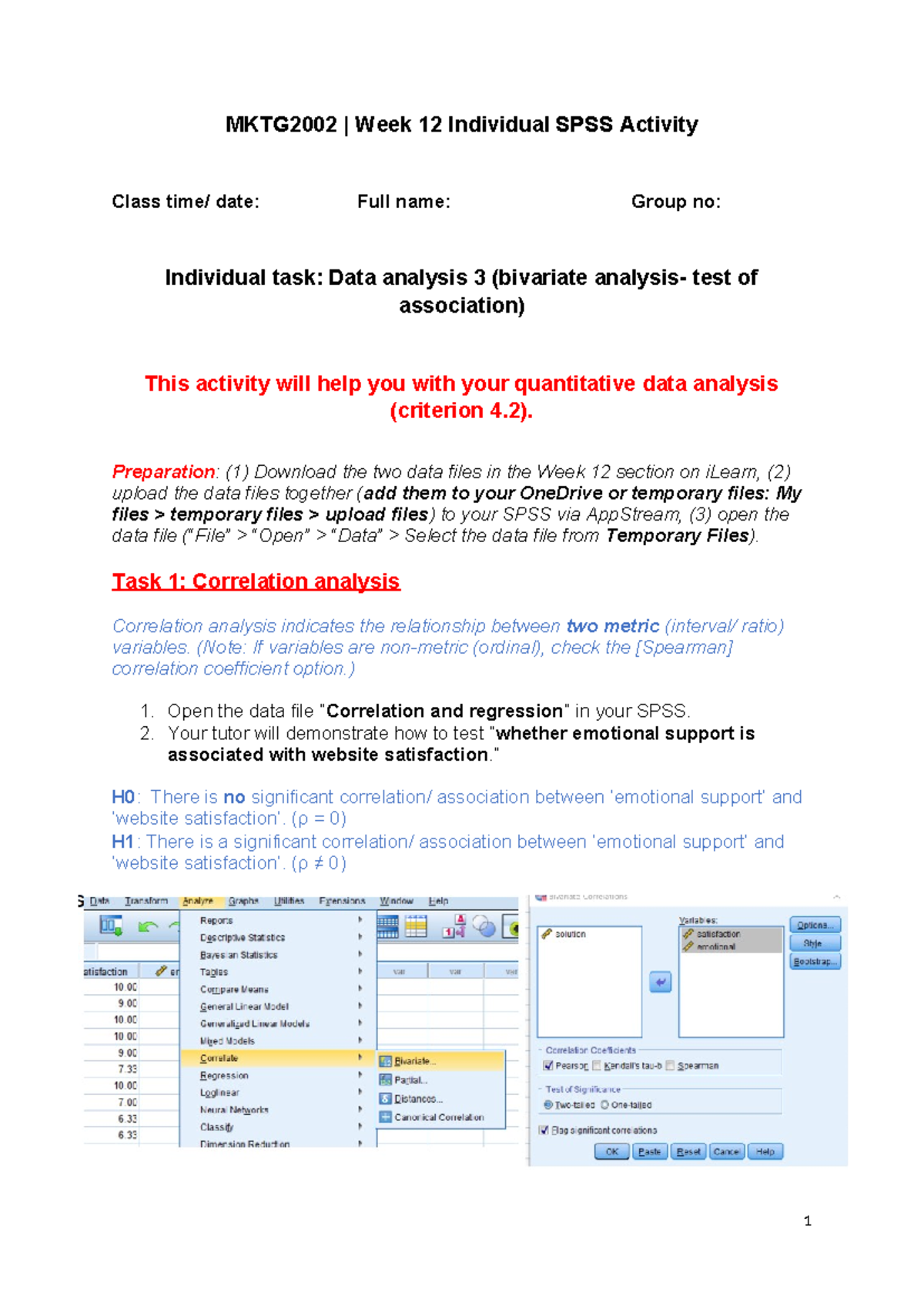 MKTG2002 Week 12 SPSS Individual Activity: Bivariate Test Analysis ...