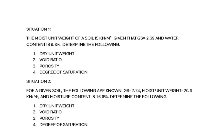 Geotech 1: Soil Unit Weight & Saturation Calculations - Studocu