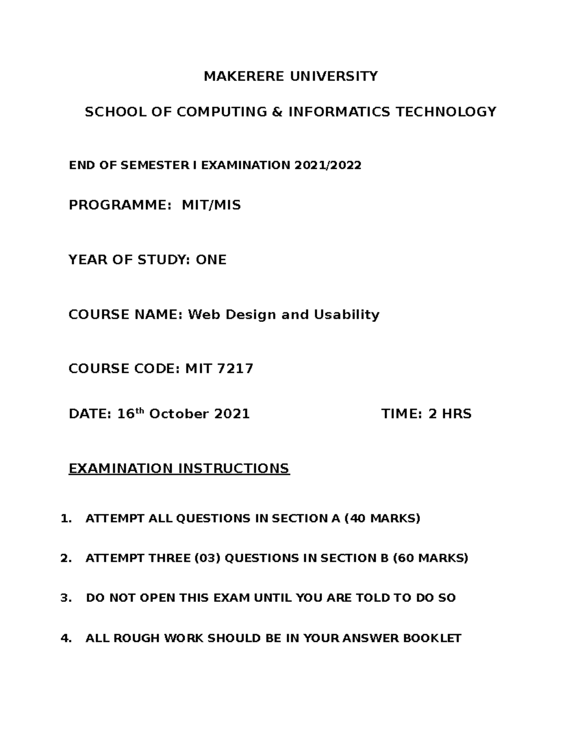 MIT 7217: End of Semester I Examination on Web Design and Usability ...