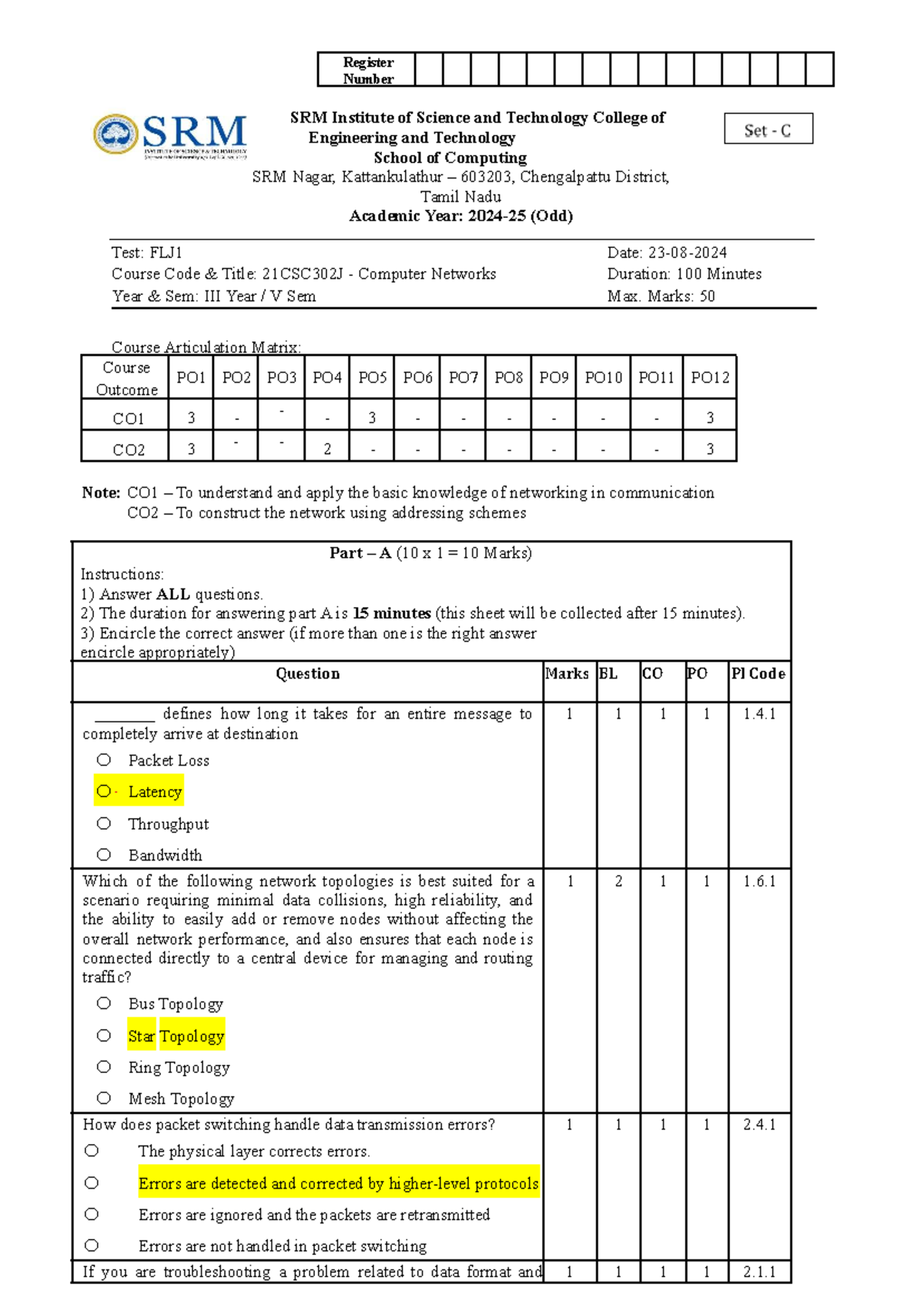 CT1-SET C - Exam Paper for 21CSC302J: Computer Networking with ...