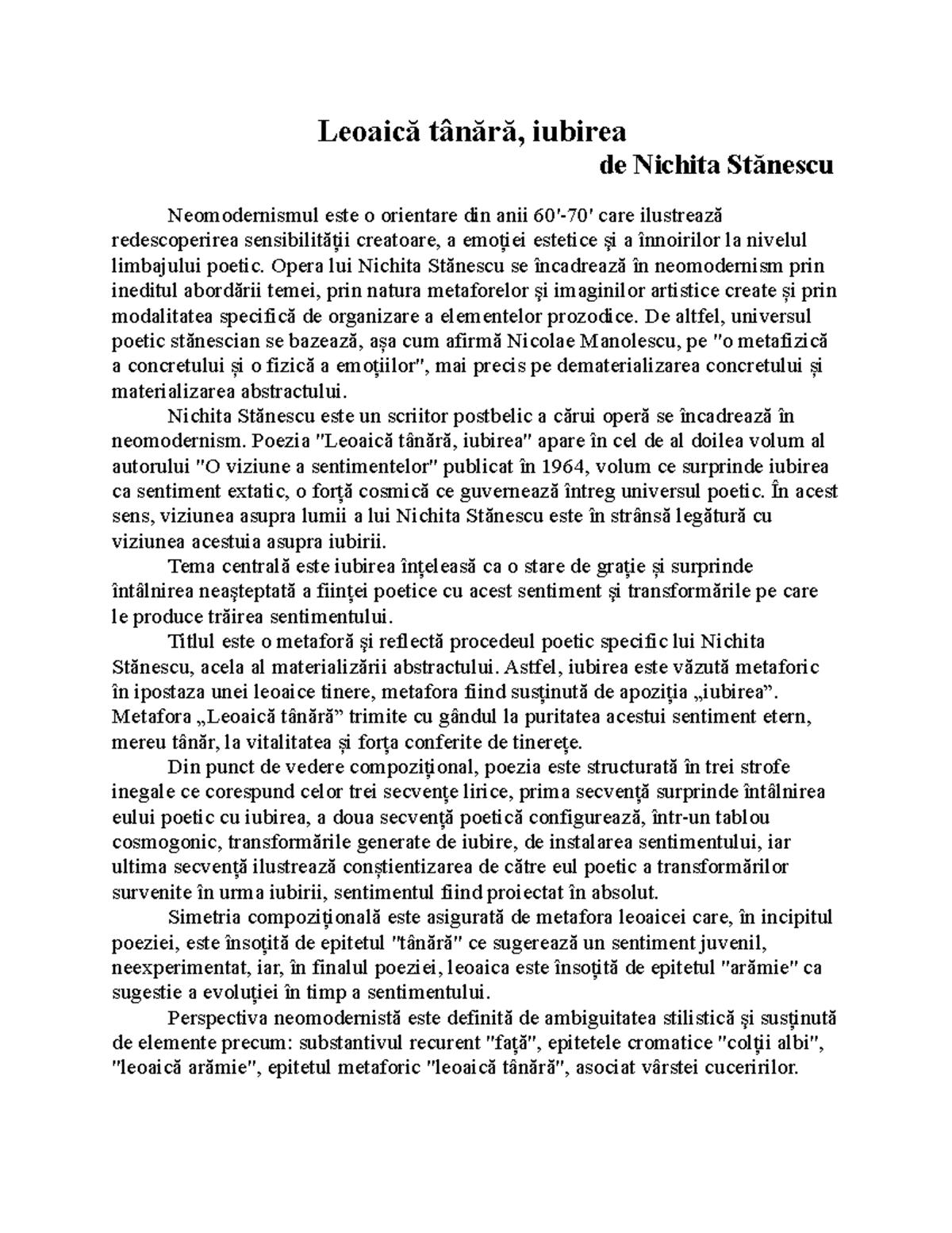 Eseu analiză "Leoaică tânără, iubirea" - Bacalaureat - Studocu